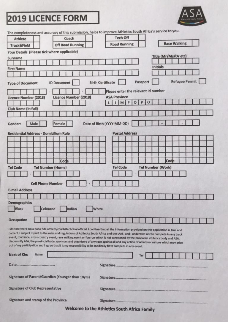 ASA Licence Form 2019 – Polokwane Athletic Club